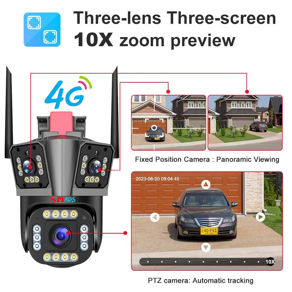 SMARS 4G SIM 3 Lens 5MP PTZ Camera | 5K Full HD Color Night Vision ...